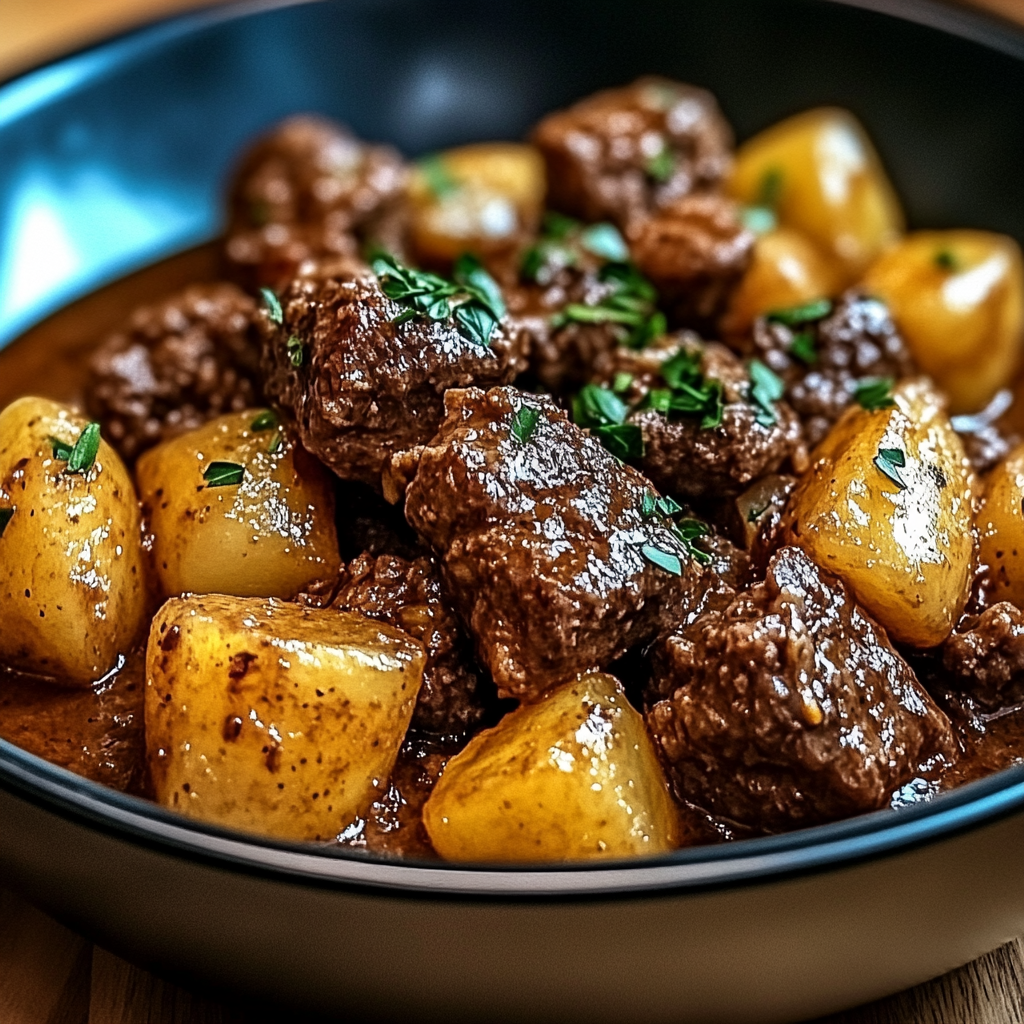Slow Cooker Garlic Butter Beef Bites & Potatoes